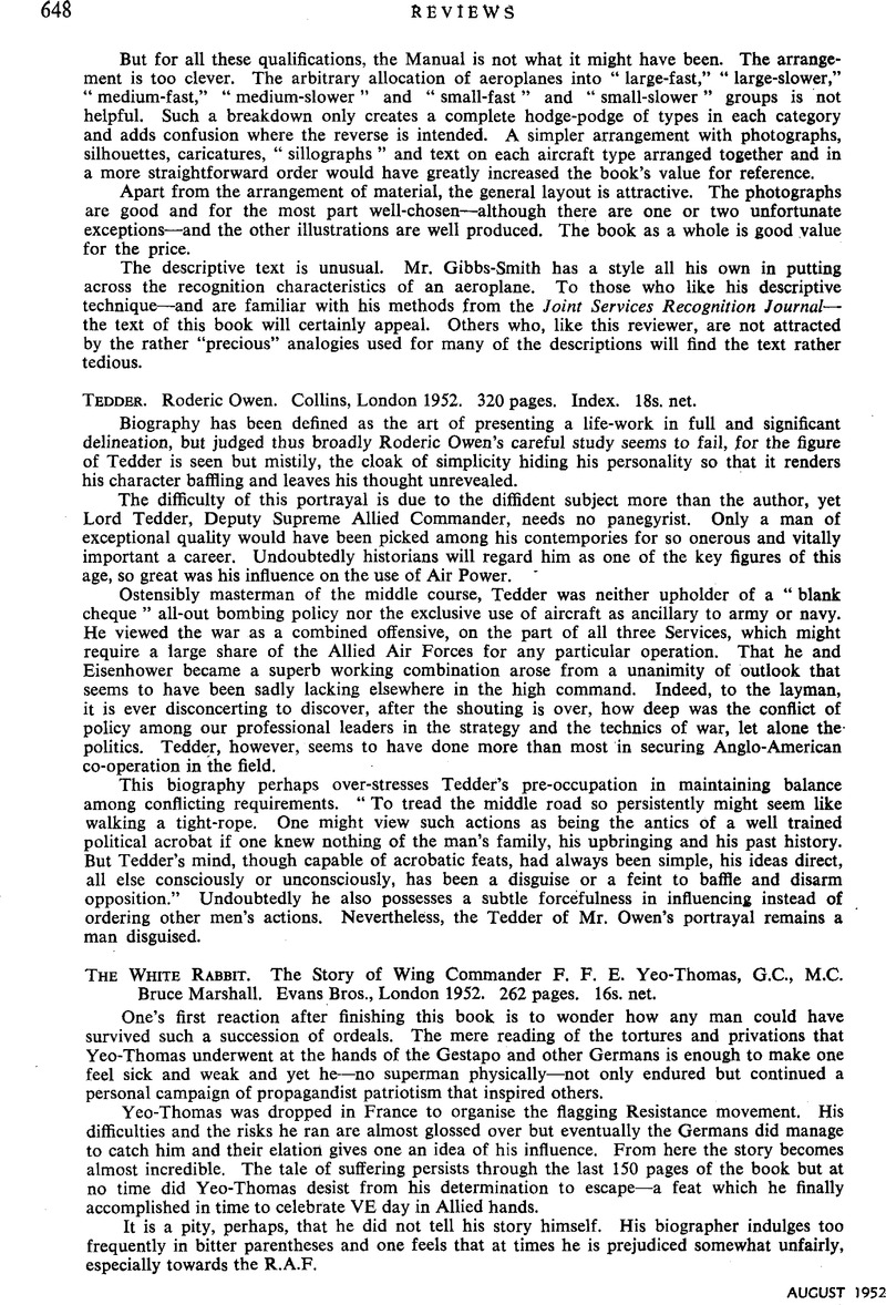 Tedder. Roderic Owen. Collins, London 1952. 320 pages. Index. 18s. net ...
