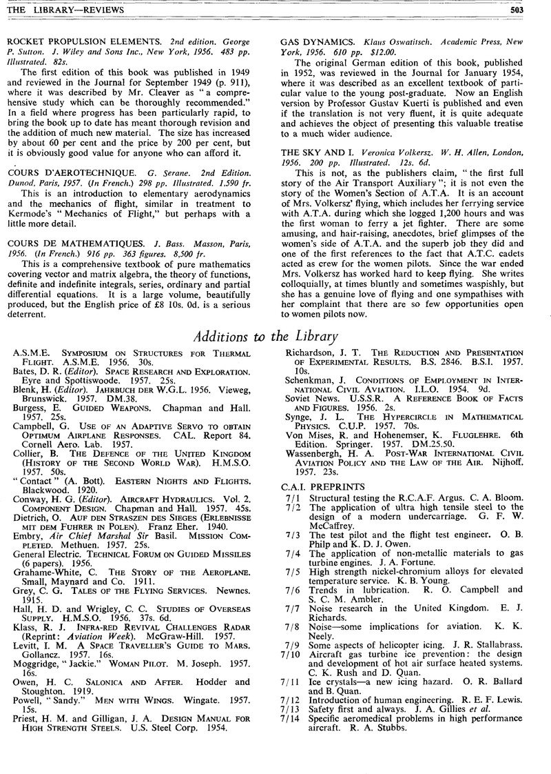 Rocket Propulsion Elements. 2nd edition. George P. Sutton. J. Wiley and ...