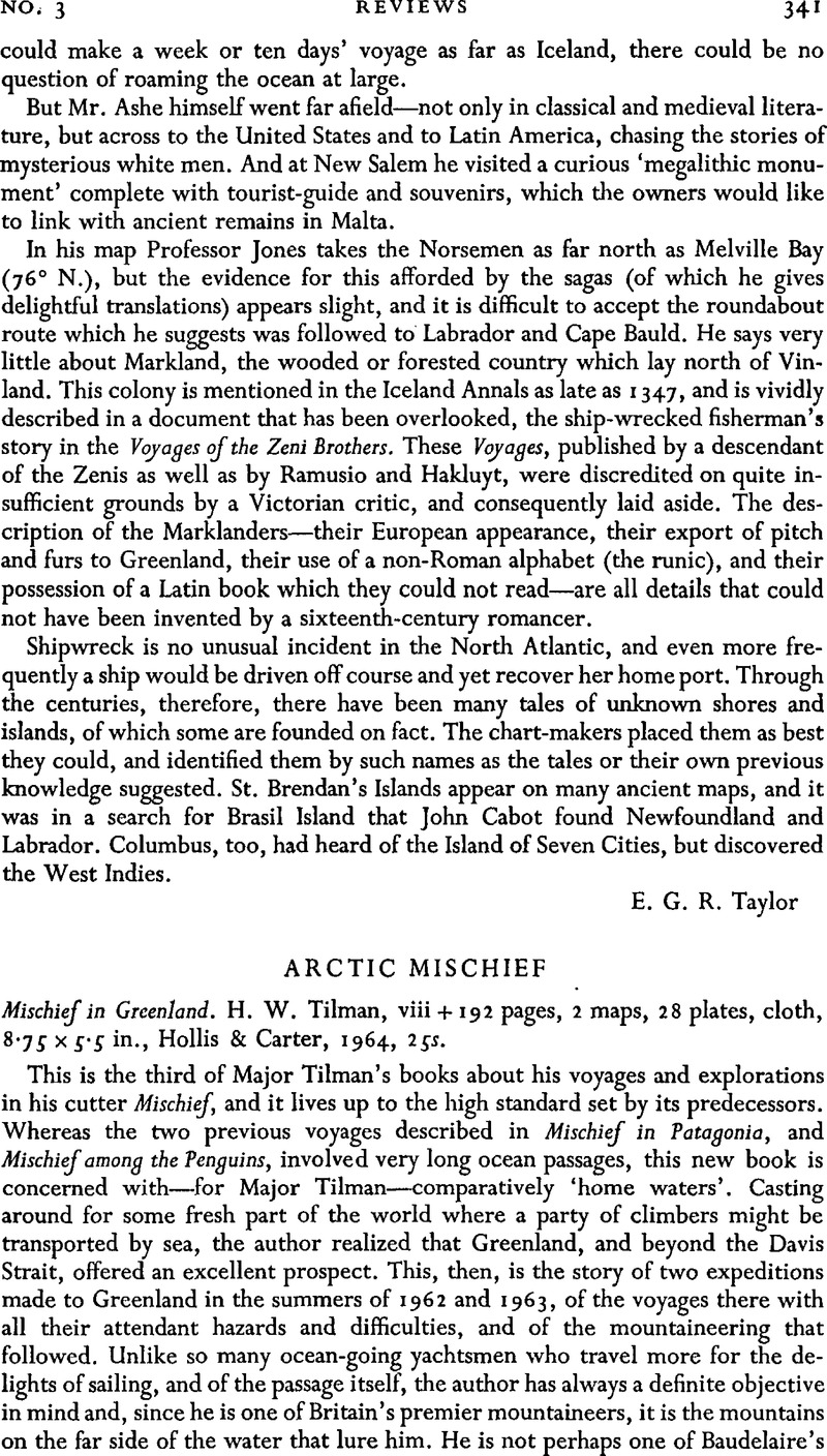 Arctic Mischief - Mischief in Greenland. H. W. Tilman, viii + 192 pages ...