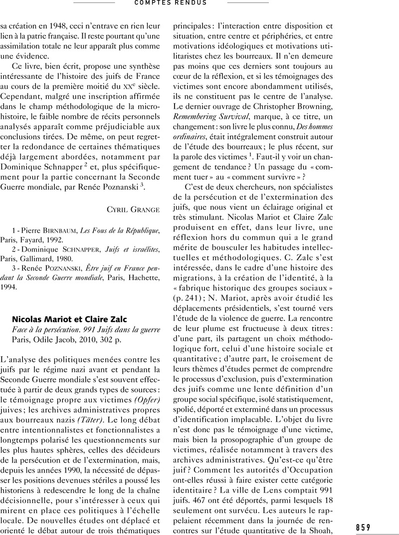 Nicolas Mariot et Claire Zalc Face à la persécution. 991 Juifs dans la ...