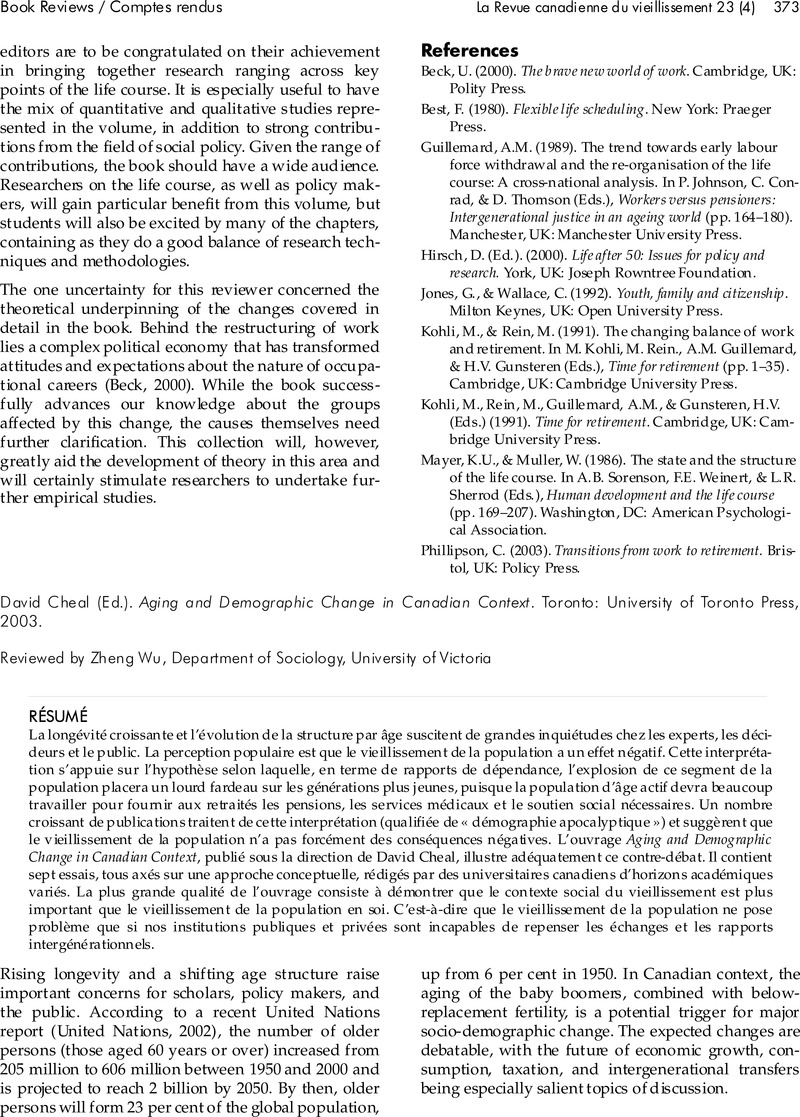 David Cheal (Ed.). Aging and Demographic Change in Canadian Context ...
