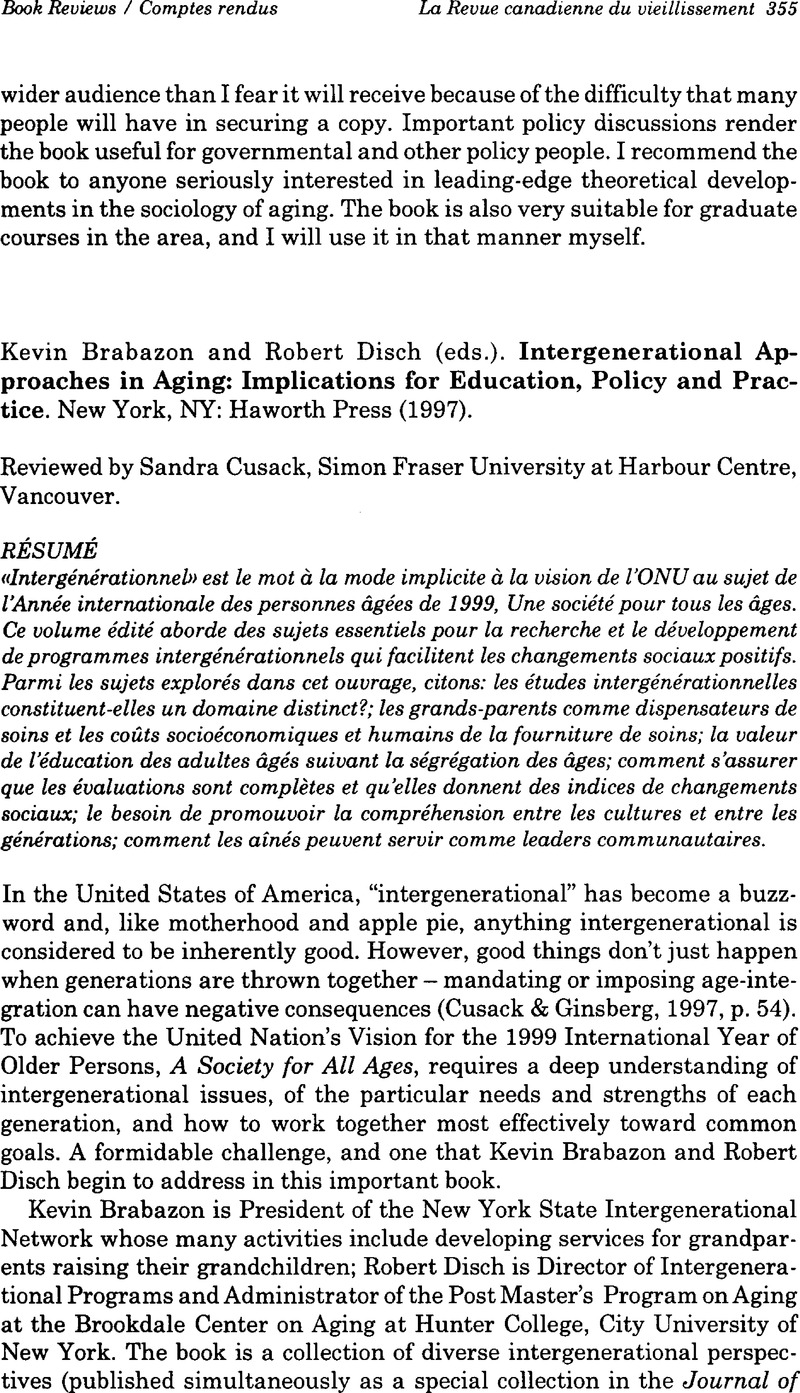 Kevin Brabazon and Robert Disch (eds.). Intergenerational Approaches in ...
