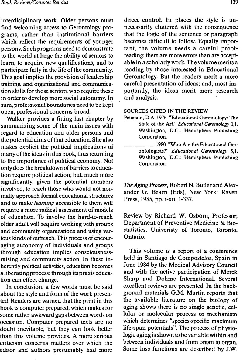 The Aging Process, Robert N. Butler and Alexander G. Beam (Eds), New ...