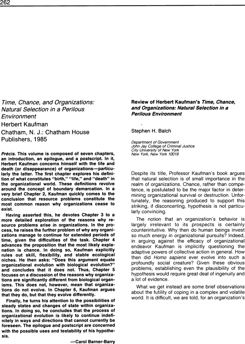 Review of Herbert Kaufman's Time, Chance, and Organizations: Natural ...