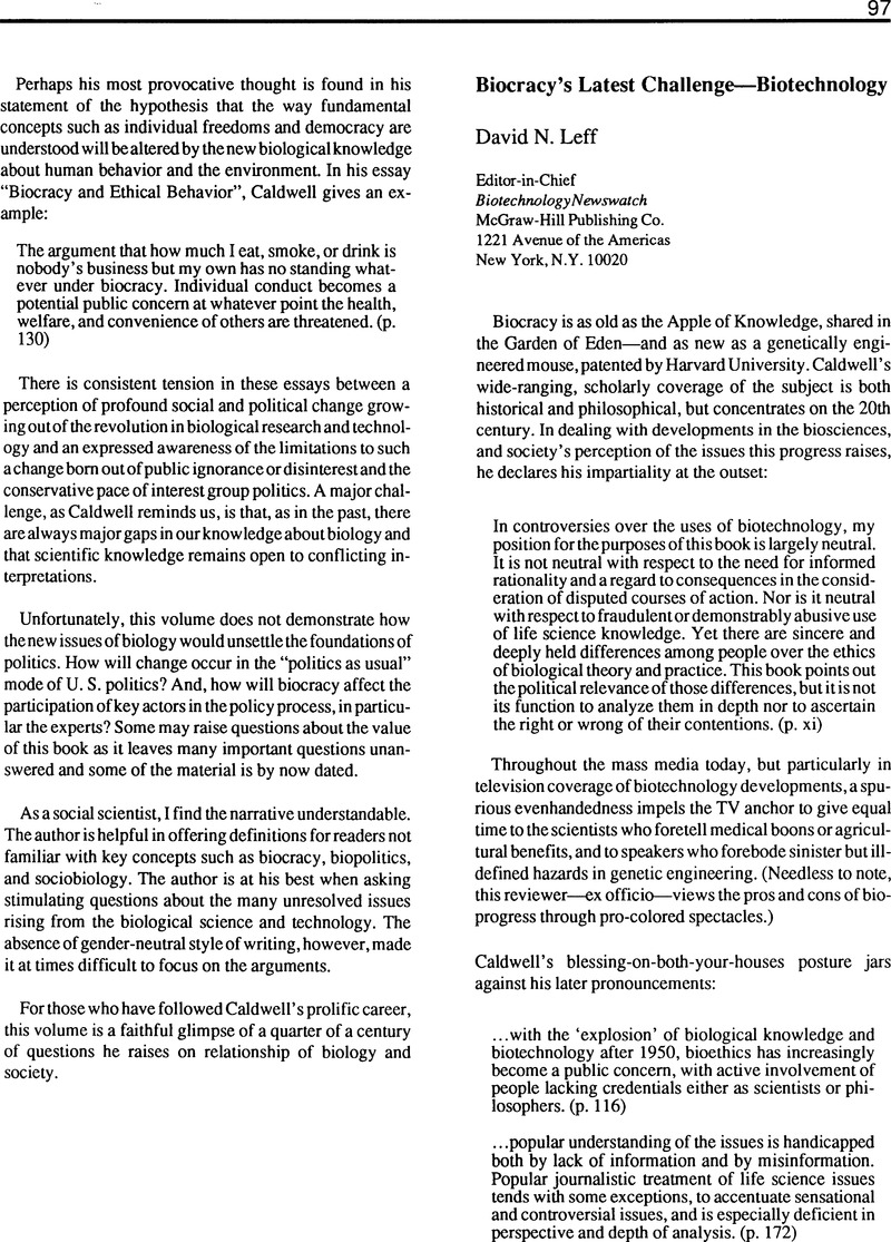 Biocracy's Latest Challenge—Biotechnology | Politics and the Life ...