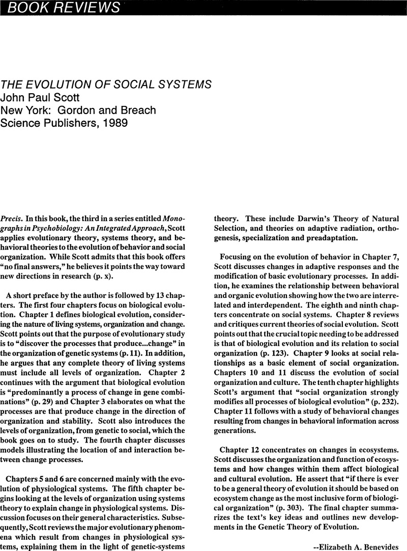 The Evolution of Social SystemsJohn Paul Scott New York: Gordon and ...