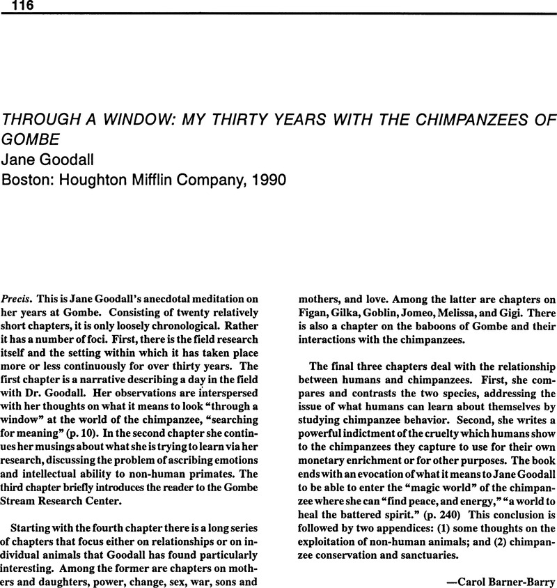 Through a Window: My Thirty Years with the Chimpanzees of Gombe, Jane ...