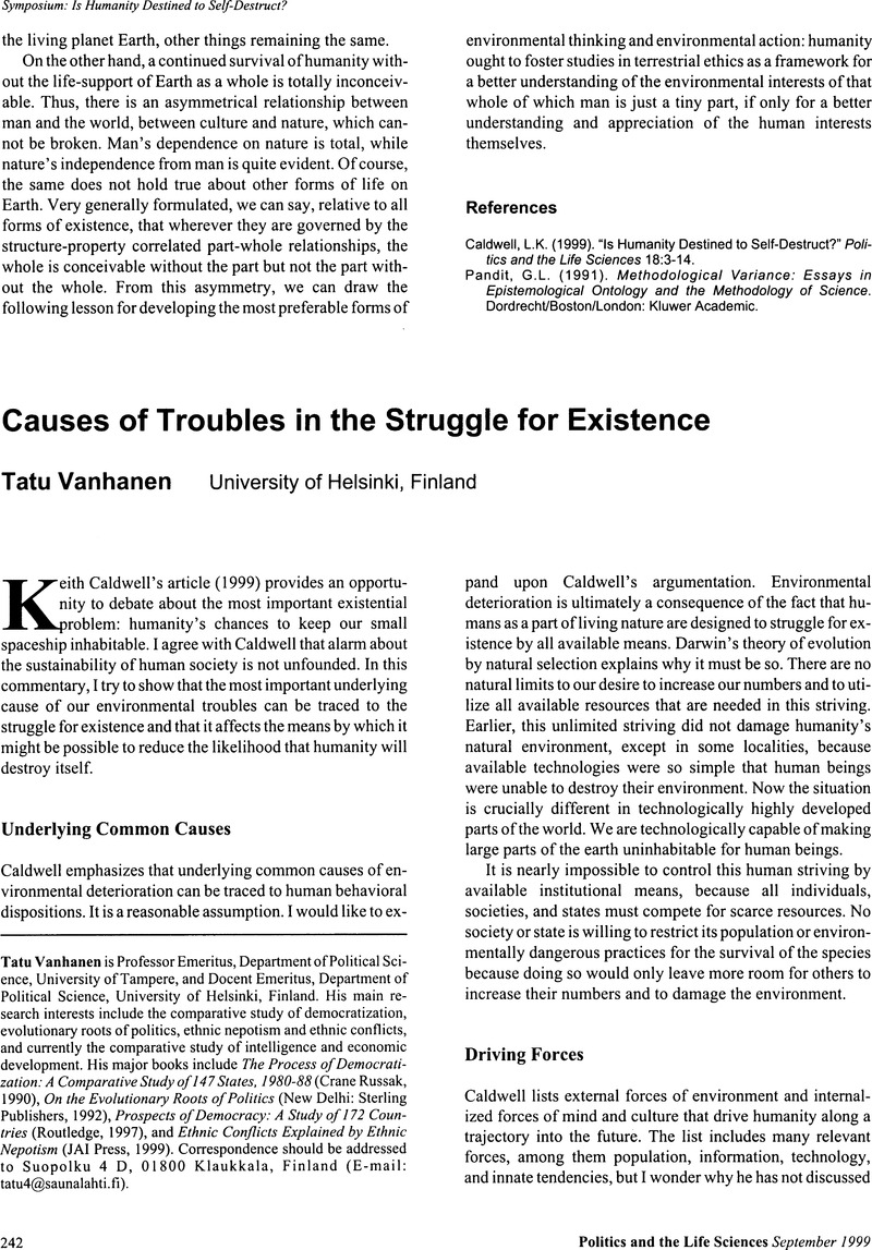Causes of Troubles in the Struggle for Existence | Politics and the ...