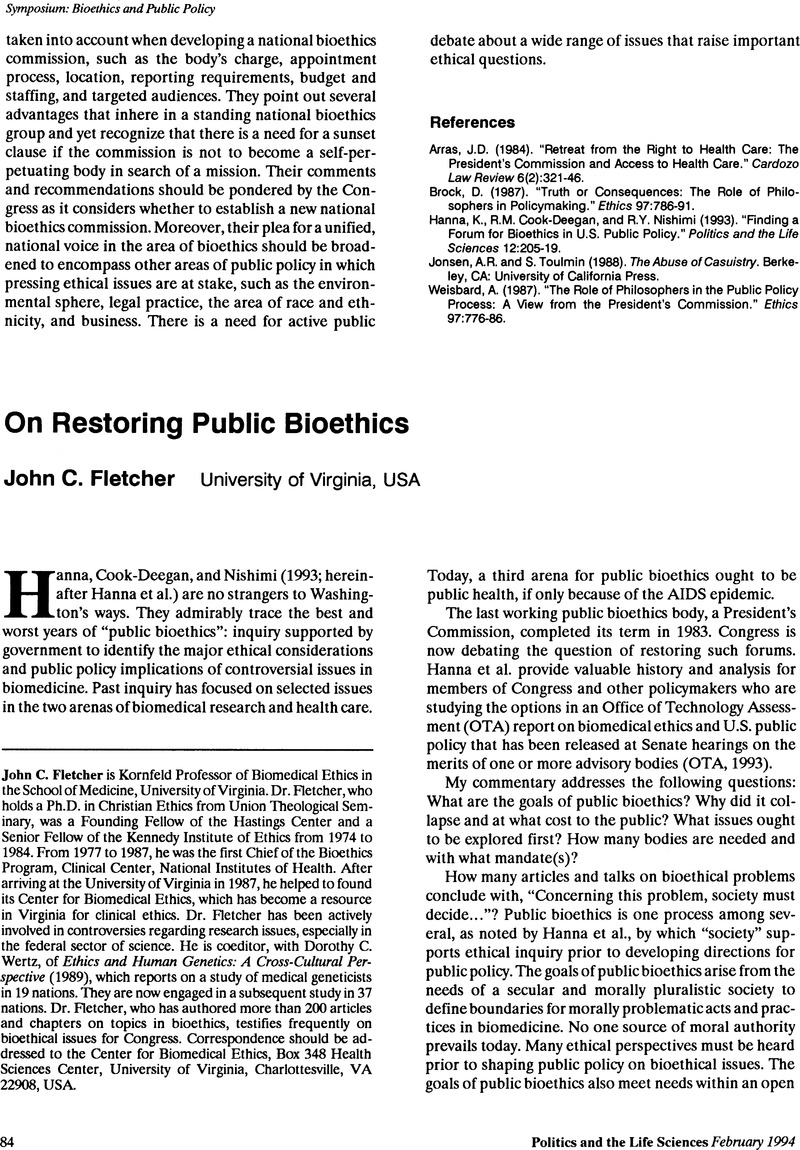 On Restoring Public Bioethics | Politics and the Life Sciences ...
