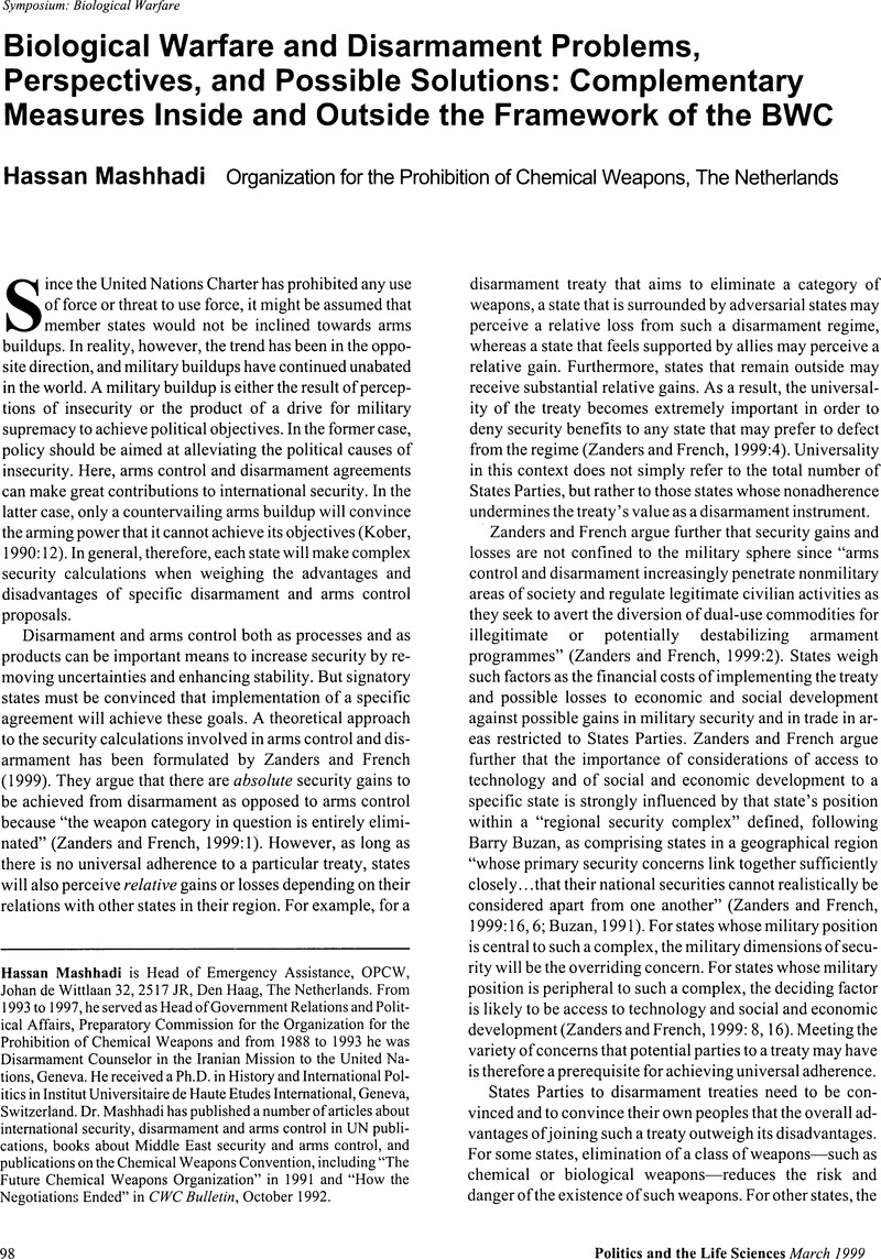 Biological Warfare and Disarmament Problems, Perspectives, and Possible ...