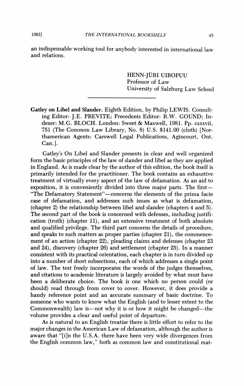 Gatley on Libel and Slander. Eighth Edition, by Philip Lewis ...
