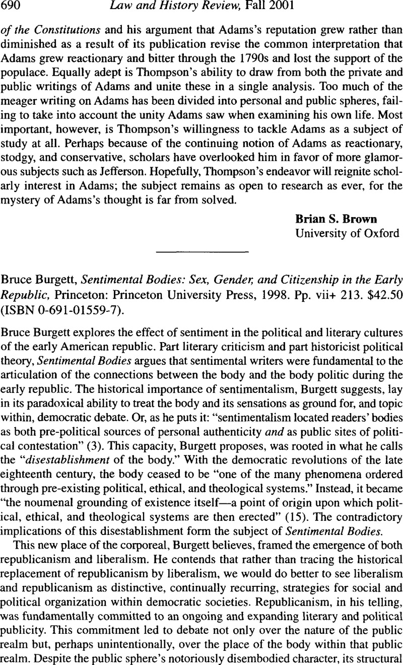 Bruce Burgett Sentimental Bodies Sex Gender And Citizenship In The Early Republic Princeton
