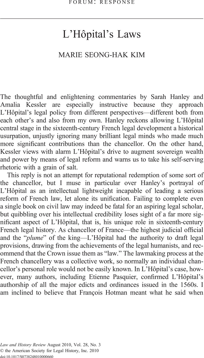 L'Hôpital's Laws | Law and History Review | Cambridge Core
