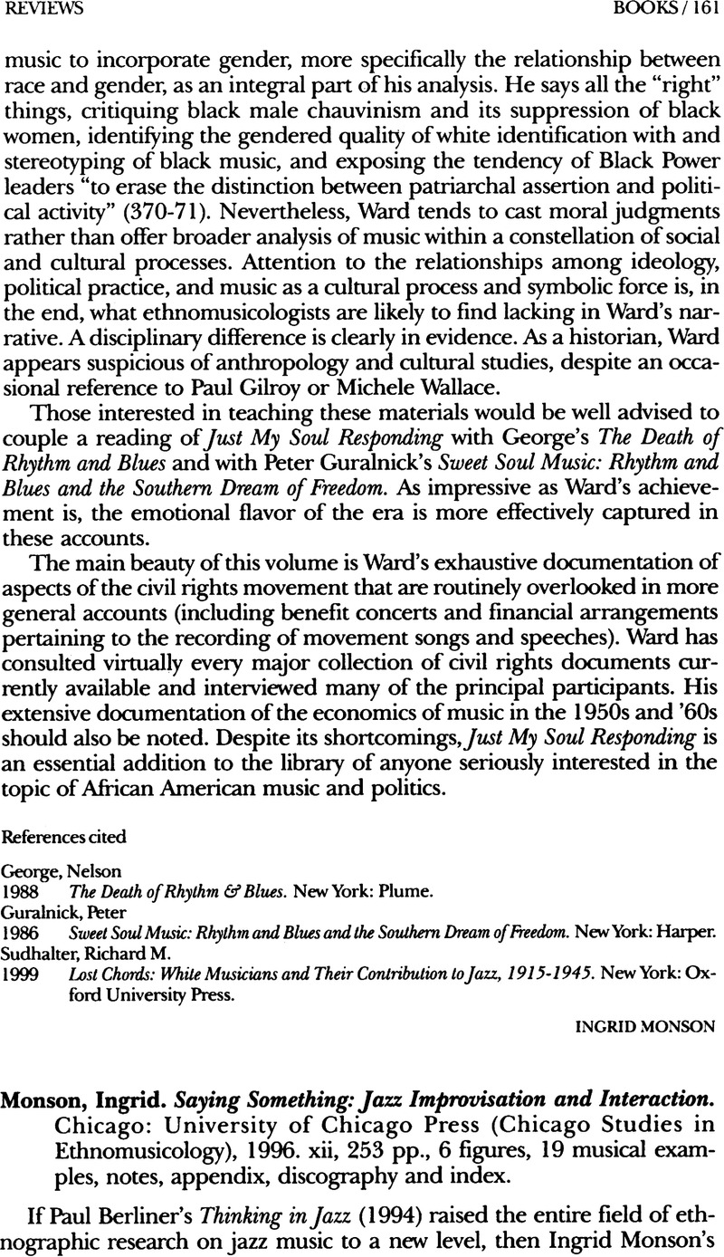 Ingrid Monson,. Saying Something: Jazz Improvisation and Interaction ...