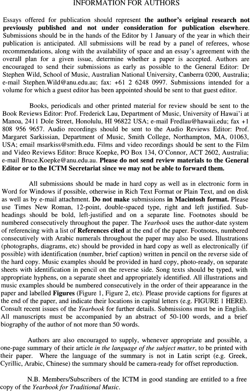 Information for Authors | Yearbook for Traditional Music | Cambridge Core