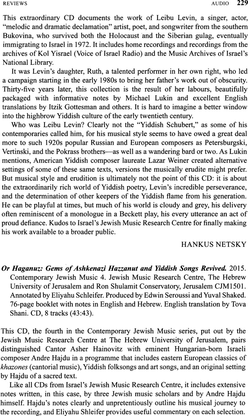 Or Haganuz: Gems of Ashkenazi Hazzanut and Yiddish Songs Revived. 2015 ...