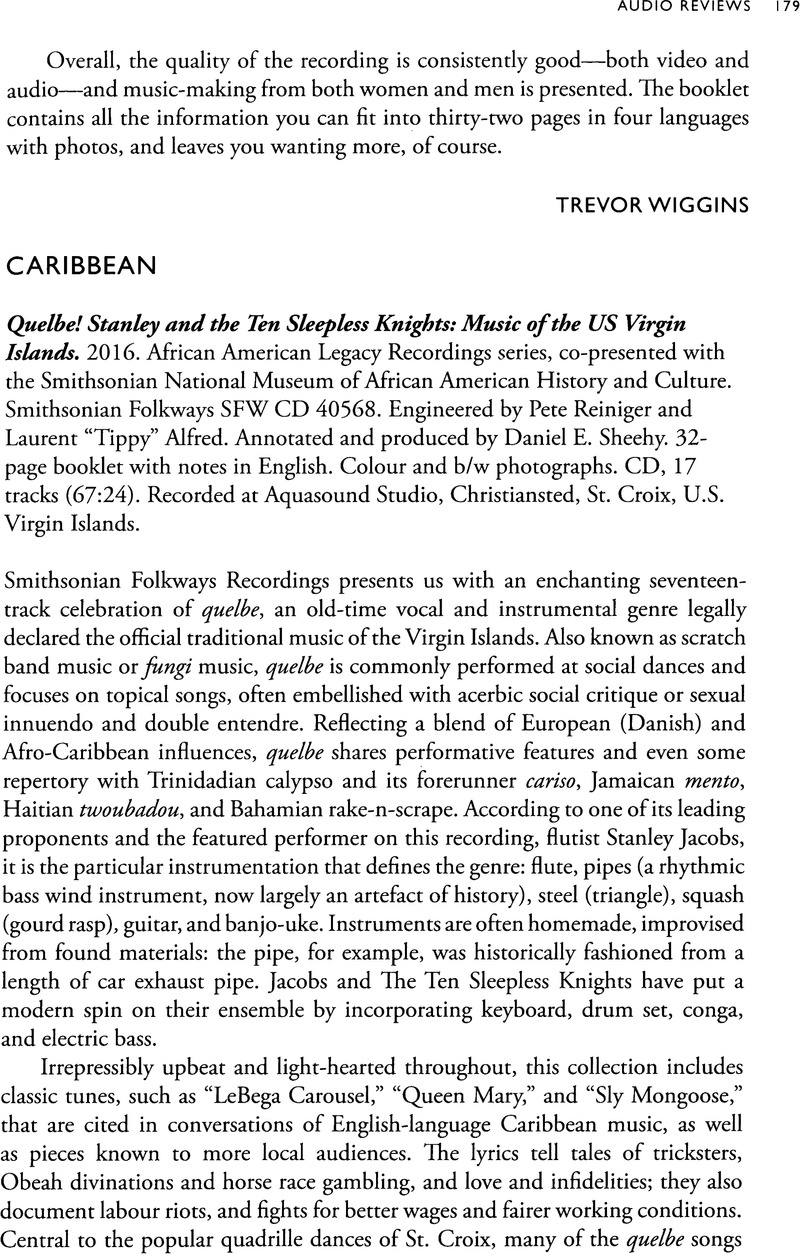 Quelbe! Stanley and the Ten Sleepless Knights: Music of the US Virgin Islands. 2016. African ...