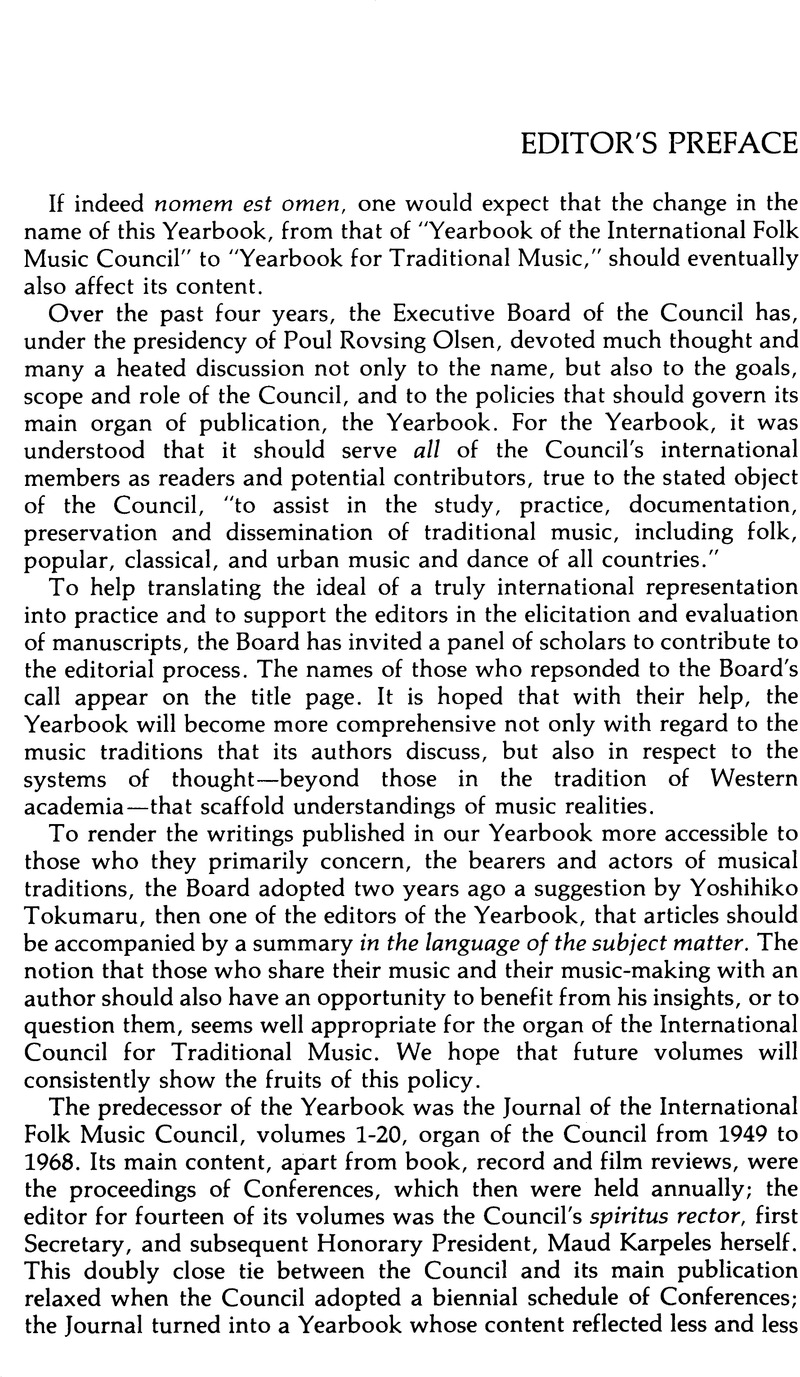 Editor's Preface | Yearbook for Traditional Music | Cambridge Core