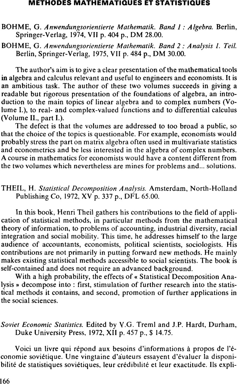 H. Theil. Statistical Decomposition Analysis. Amsterdam, North-Holland ...