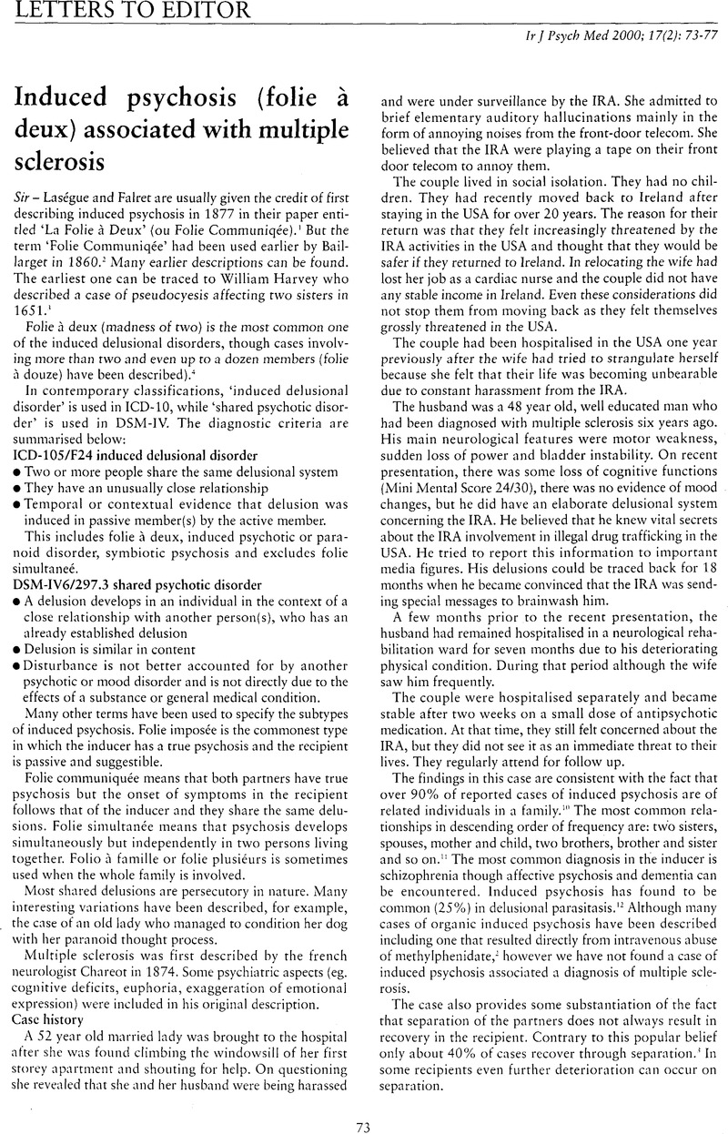 Induced Psychosis Folie à Deux Associated With Multiple Sclerosis Irish Journal Of