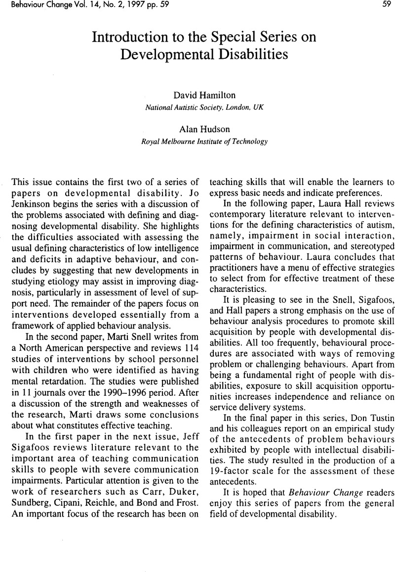 Introduction to the Special Series on Developmental Disabilities ...