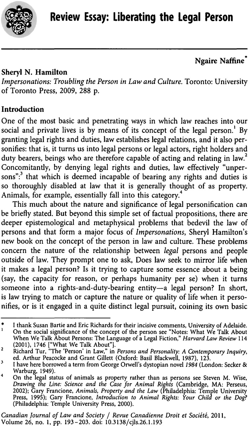 Review Essay: Liberating the Legal Person | Canadian Journal of Law and ...