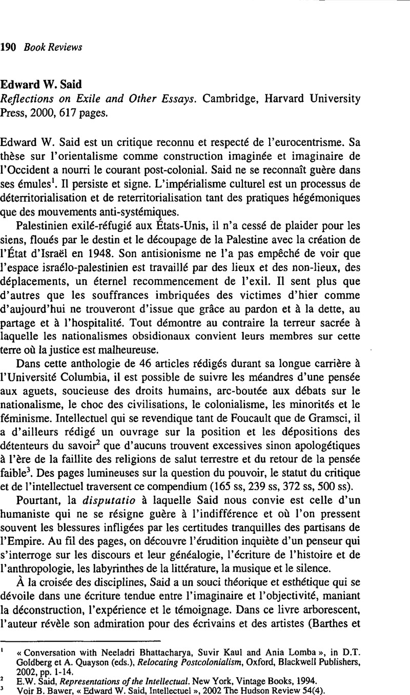 Edward W. Said, Reflections on Exile and Other Essays.Cambridge ...