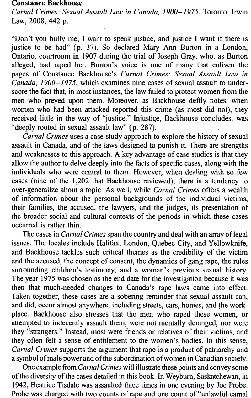 Constance Backhouse Carnal Crimes: Sexual Assault Law in Canada, 1900 ...