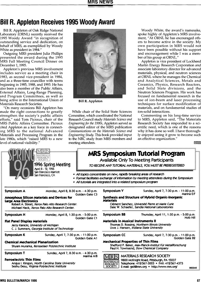 Bill R. Appleton Receives 1995 Woody Award | MRS Bulletin | Cambridge Core