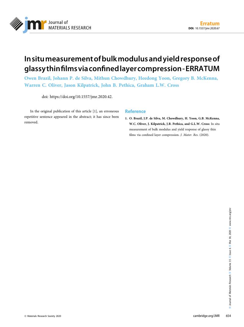 In situ measurement of bulk modulus and yield response of glassy thin ...
