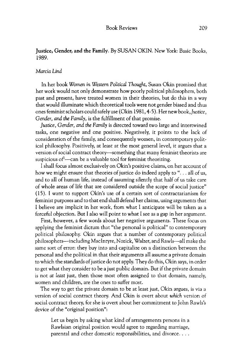 Justice, Gender, and the Family. Susan Okin. New York: Basic Books ...