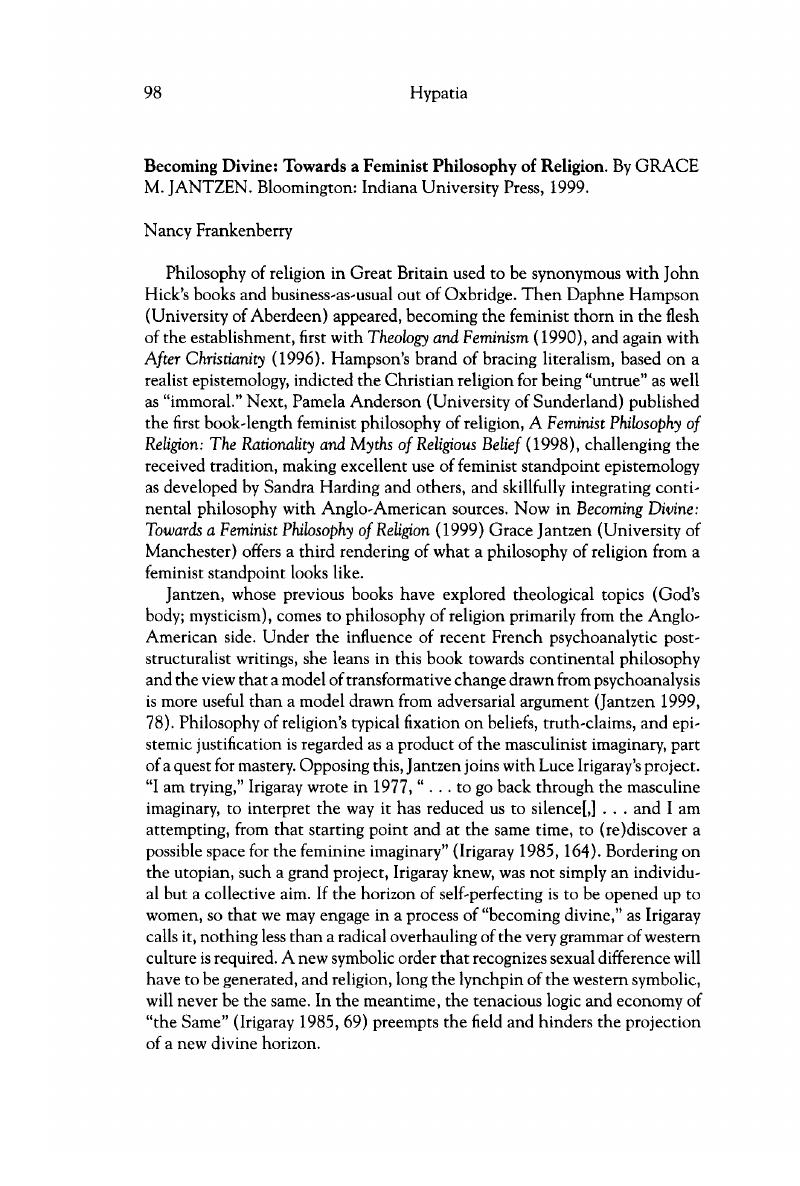 Grace M. Jantzen, Becoming Divine: Towards a Feminist Philosophy of ...