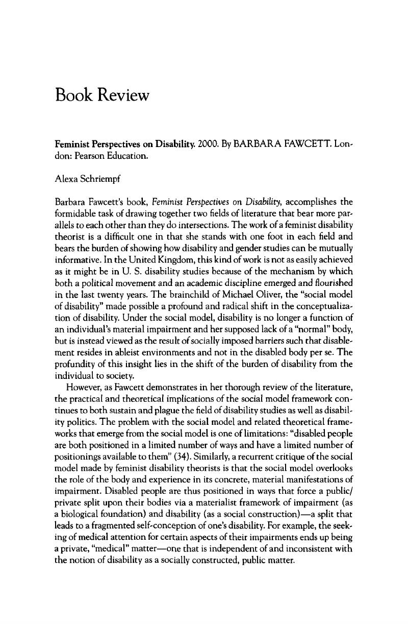 Barbara Fawcett, Feminist Perspectives on Disability. London, Pearson ...