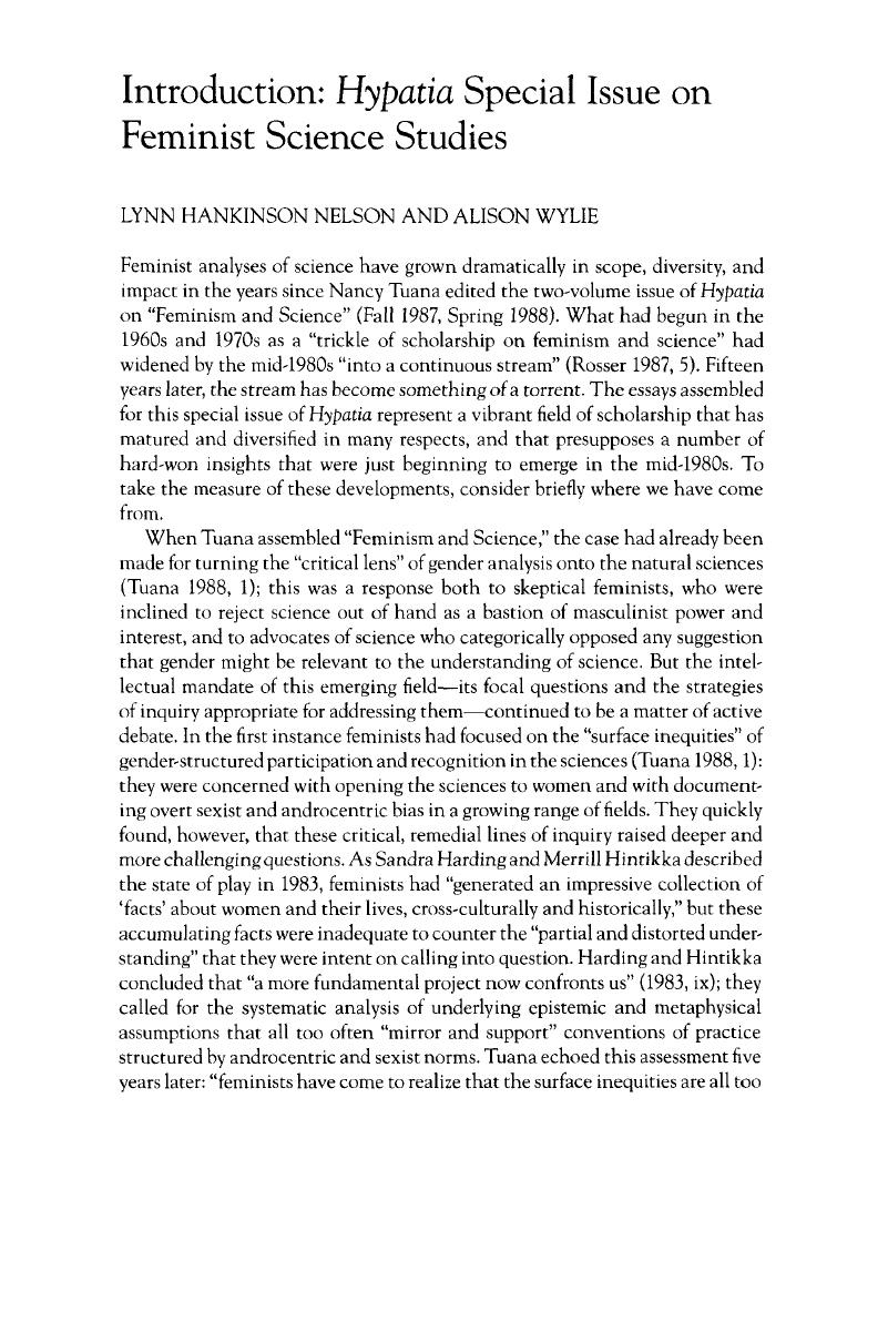 Introduction: Hypatia Special Issue on Feminist Science Studies ...