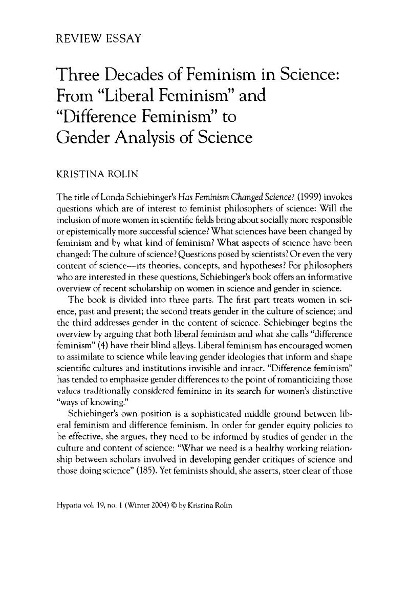 Three Decades of Feminism in Science: From “Liberal Feminism” and ...