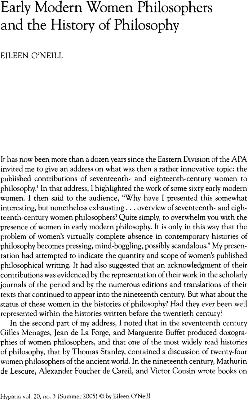 Early Modern Women Philosophers and the History of Philosophy | Hypatia ...