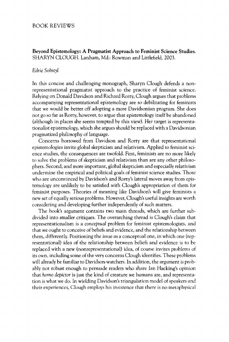 Sharyn Clough Beyond Epistemology: A Pragmatist Approach to Feminist ...