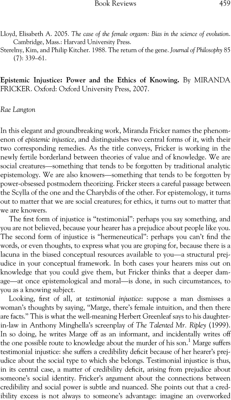 Miranda Fricker Epistemic Injustice: Power and the Ethics of Knowing ...
