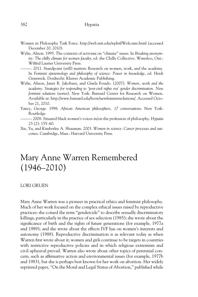 Mary Anne Warren Remembered (1946–2010) | Hypatia | Cambridge Core