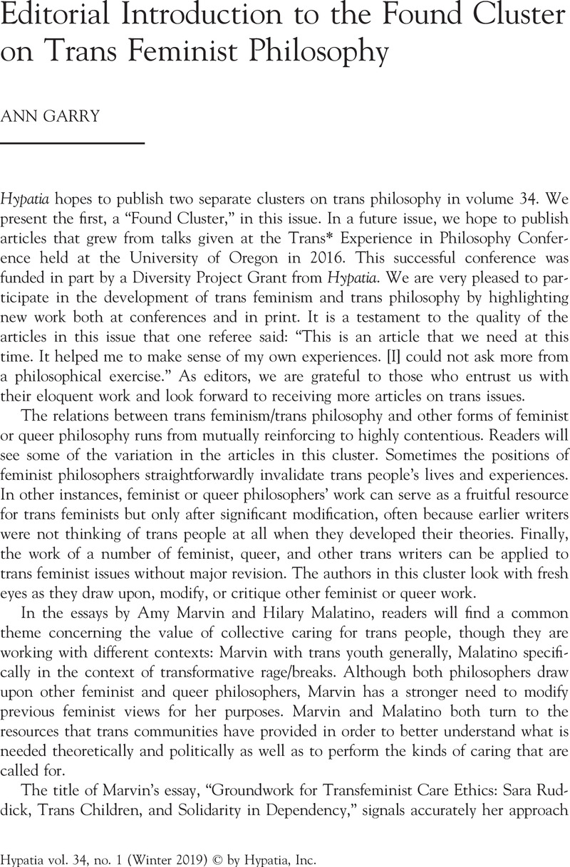 Editorial Introduction to the Found Cluster on Trans Feminist Philosophy | Hypatia | Cambridge Core