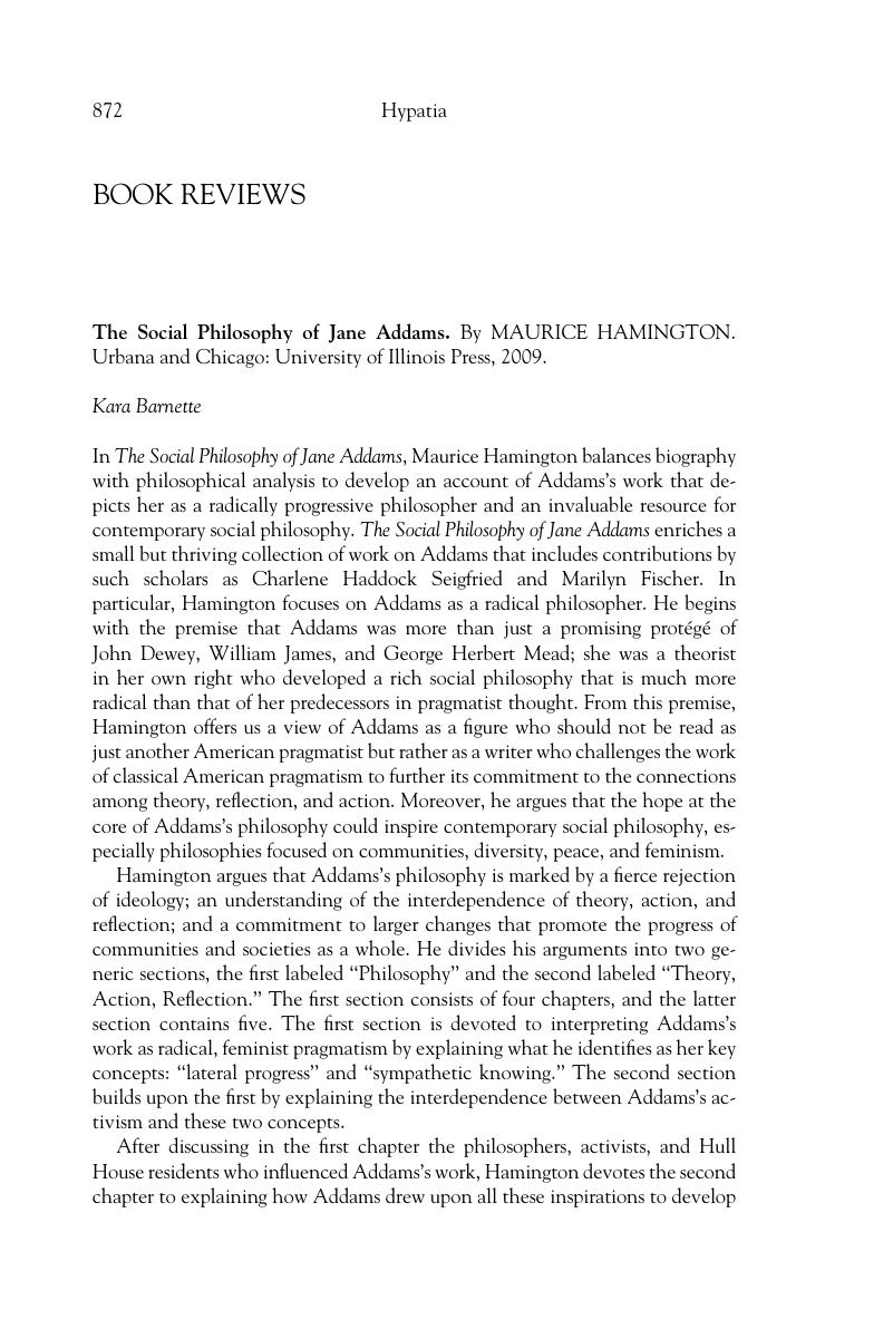 The Social Philosophy of Jane Addams. By Maurice Hamington. Urbana and ...