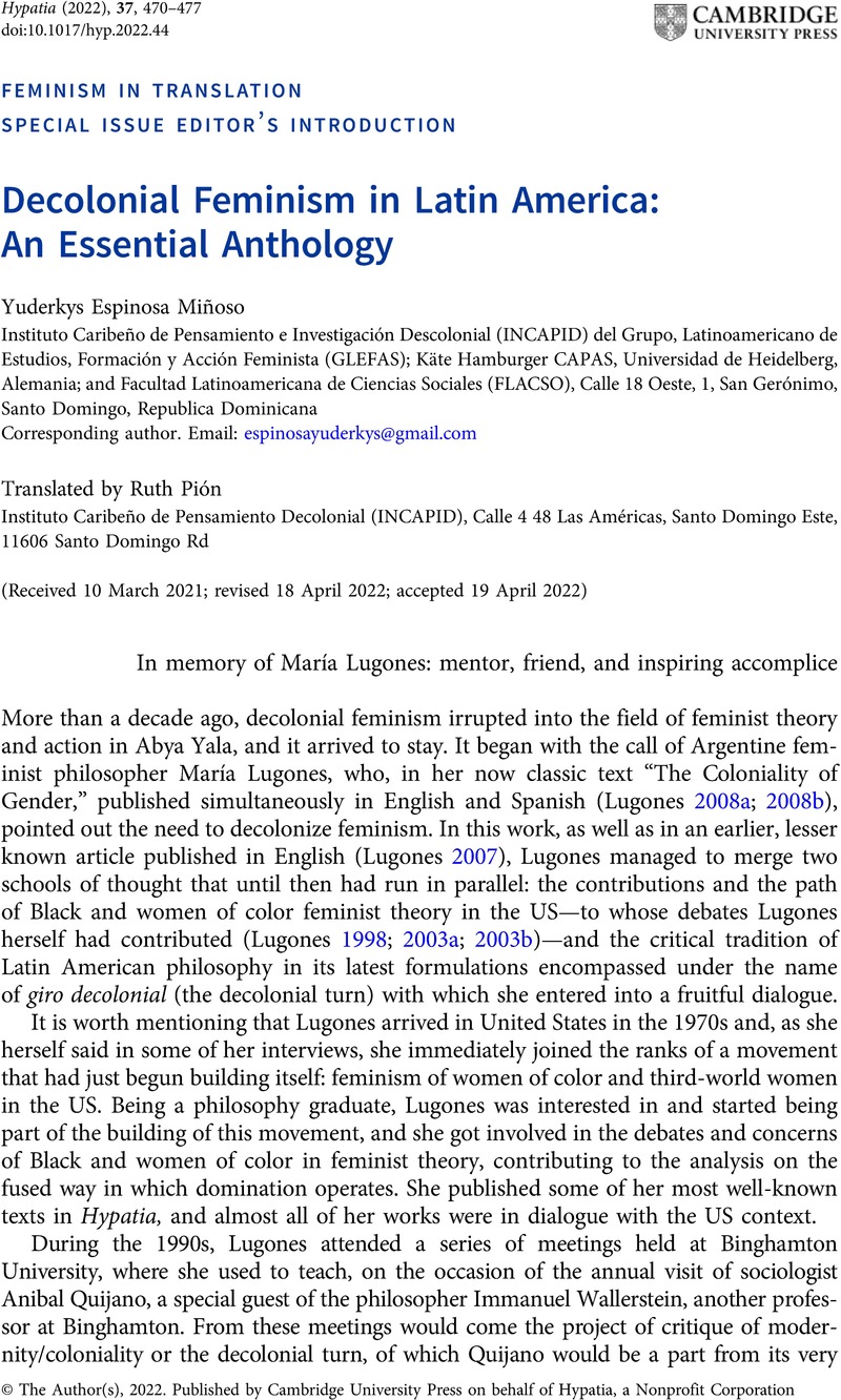 Decolonial Feminism in Latin America: An Essential Anthology | Hypatia ...