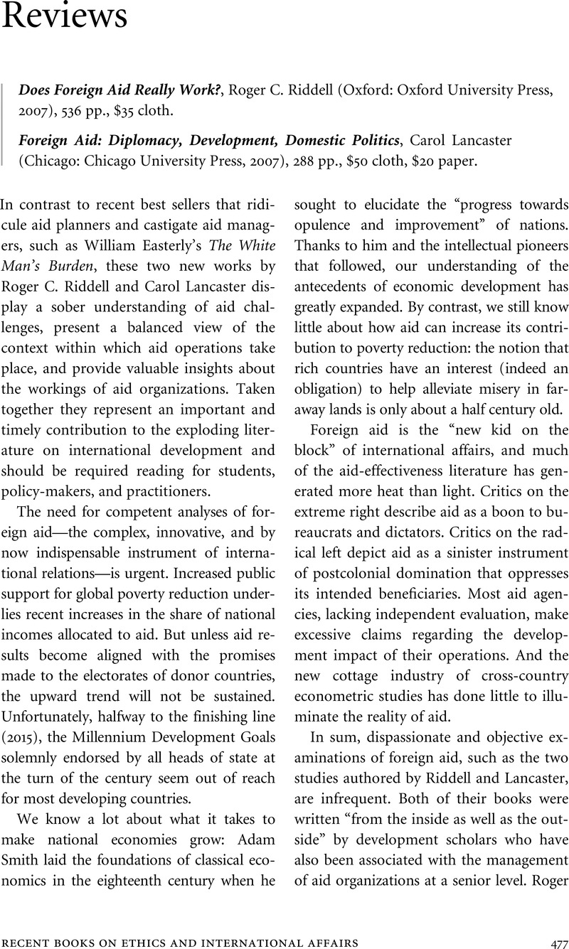Does Foreign Aid Really Work?, Roger C. Riddell (Oxford: Oxford ...