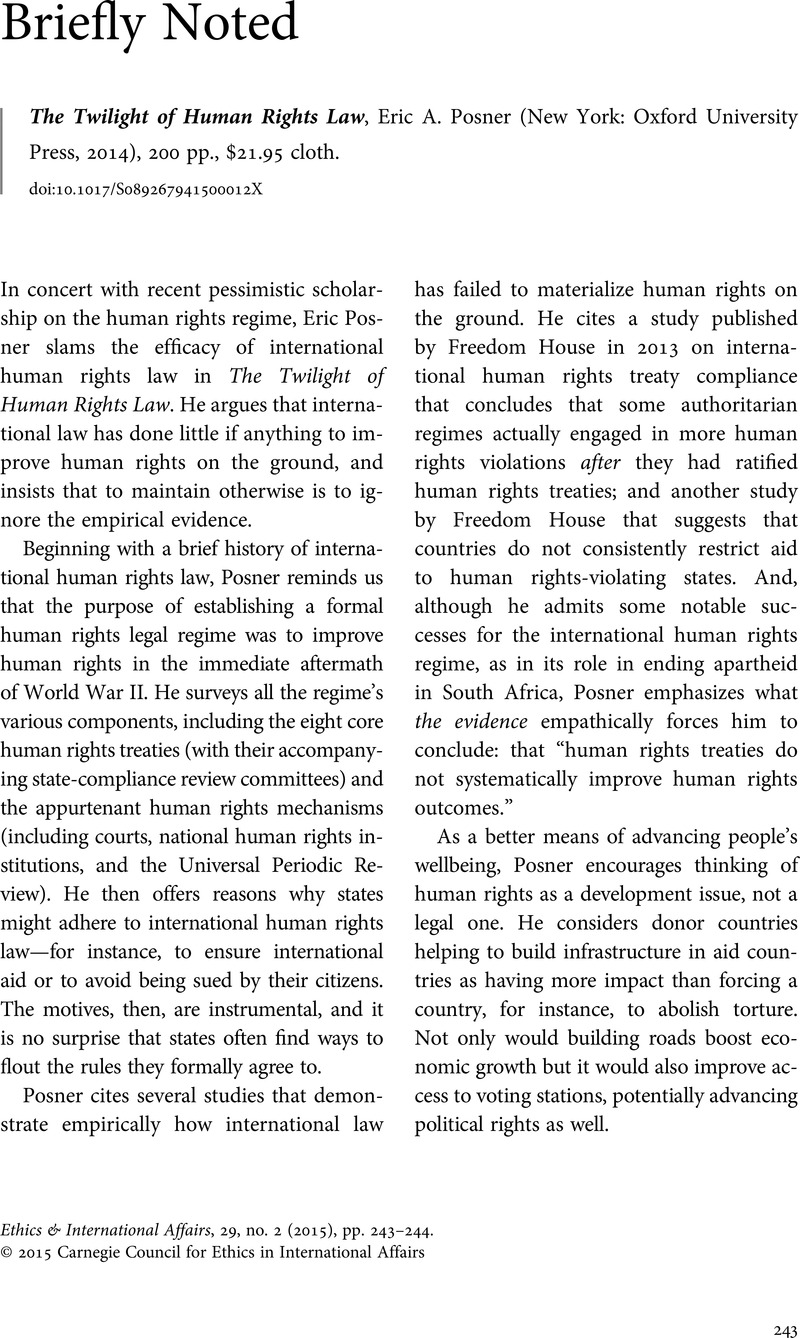 The Twilight of Human Rights Law, Eric A. Posner(New York: Oxford ...