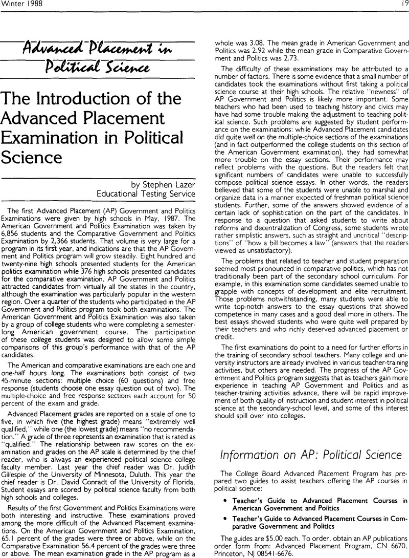 The Introduction of the Advanced Placement Examination in Political ...