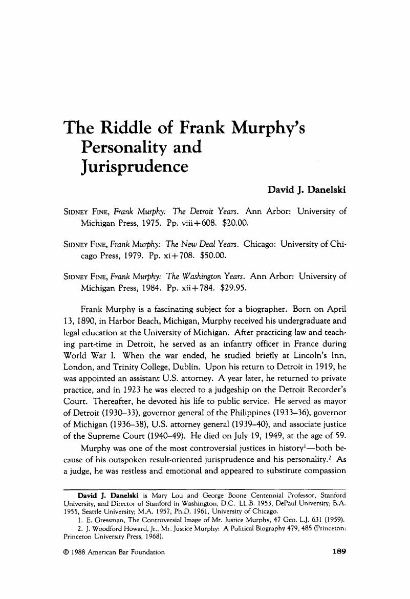 The Riddle of Frank Murphy's Personality and Jurisprudence | Law ...