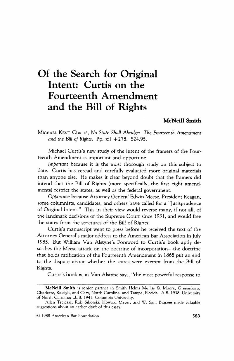 Of the Search for Original Intent: Curtis on the Fourteenth Amendment ...