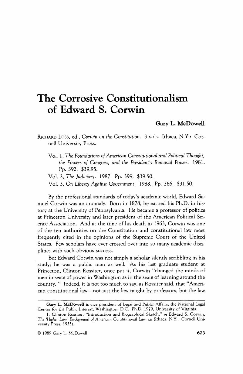 The Corrosive Constitutionalism of Edward S. Corwin | Law & Social ...