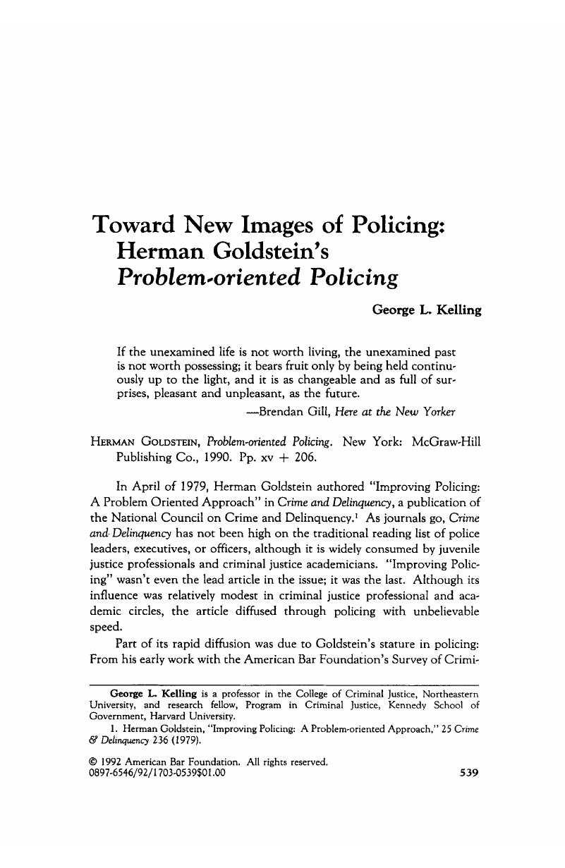 Toward New Images of Policing: Herman Goldstein's Problem-oriented ...