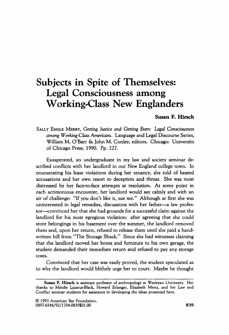Subjects in Spite of Themselves: Legal Consciousness among Working ...